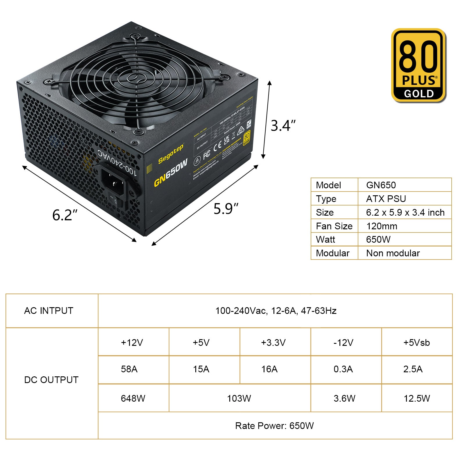 Segotep 650W 80 Plus Gold Certified Non-Modular ATX Power Supply with